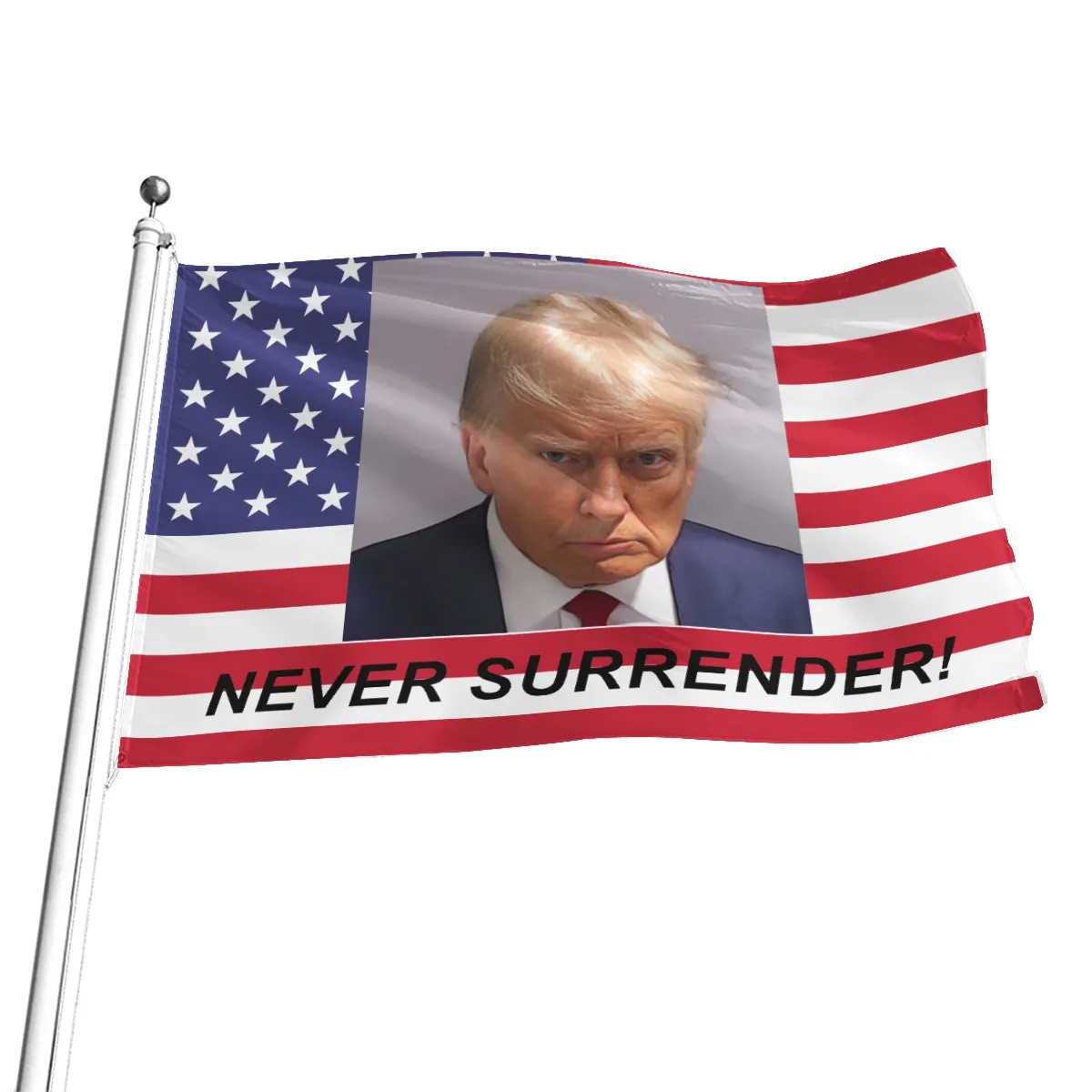 Donald Trump Mug Shot Never Surrender Flag - Rockatee